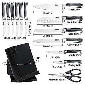 Knife Set, 14-Piece German Steel Kitchen Knife Block Sets with Built-in Sharpener, Rotating Block
