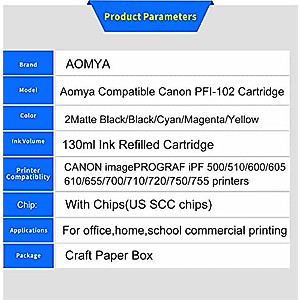 Aomya Compatible Canon PFI-102 pfi 102 Ink Cartridge for ImagePrograf iPF500 510 600 605 610 650 655 700 710 720 750 755 760 765 130ML Ink Cartridge(2MBK, BK, C, M, Y) 6 Pack
