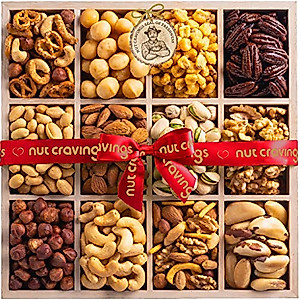 Easter Mixed Nuts Gift Basket in Reusable Wooden Tray + Heart Ribbon (12 Assortments) Gourmet Food Bouquet Arrangement Platter, Birthday Care Package, Healthy Kosher Snack Box, Adults Men Women