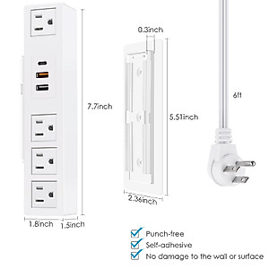 JUNNUJ 20W USB C Under Desk Power Strip, Under Mount Surge Protector with 4 Outlet Desktop, Adhesive Wall Mount Strip Socket Table Multi-Outlets with 3 USB Ports, 6FT Cable with Flat Plug - Black
