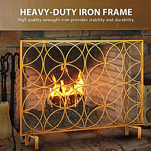 VIVOHOME 40.9 x 31.1 Inch Single Panel Wrought Iron Fireplace Screen Metal Decorative Mesh Fire Spark Guard Fireplace Cover Gold