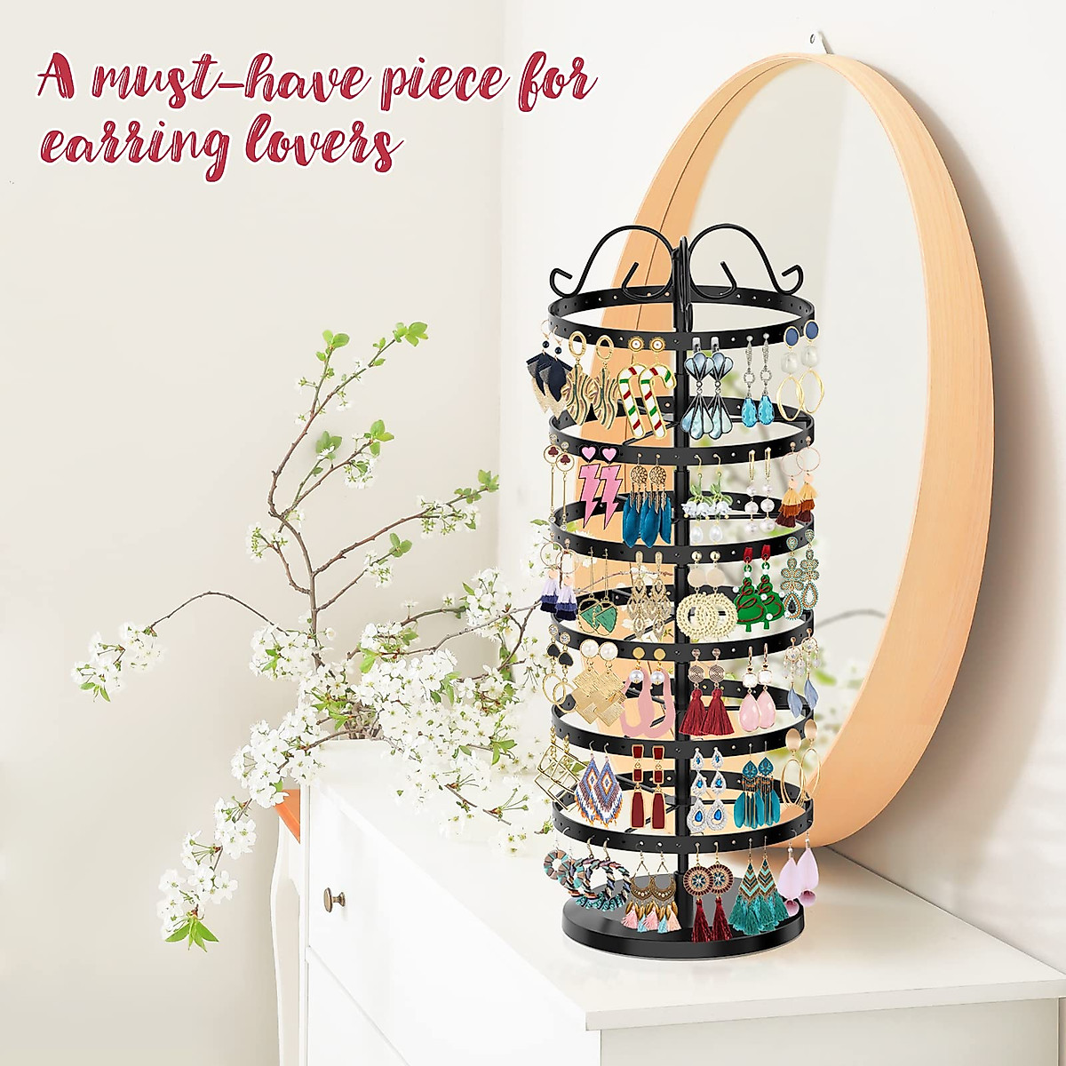 iDavosic.ly 6 Tier Metal Rotating Earring Holder Organizer, 264 Holes Earring Storage Display Tower Rack, Adjustable Earring Tree Organizer for Women Girl (Black)