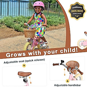 Petimini 14 Inch Little Kids Bike for Age 3 4 5 Years Old Girls Retro Vintage Style Bicycles with Basket Training Wheels and Bell, Pink