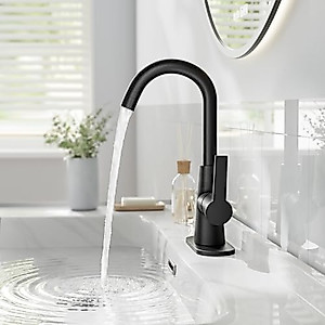 Phiestina Single Hole Matte Black Single-Handle 4 Inch Bathroom Sink Faucet with Deck Plate and Supply Hoses, Bar Sink Faucet/Pre-Kitchen Sink Faucet with 360° Rotation Spout, WE10E-MB
