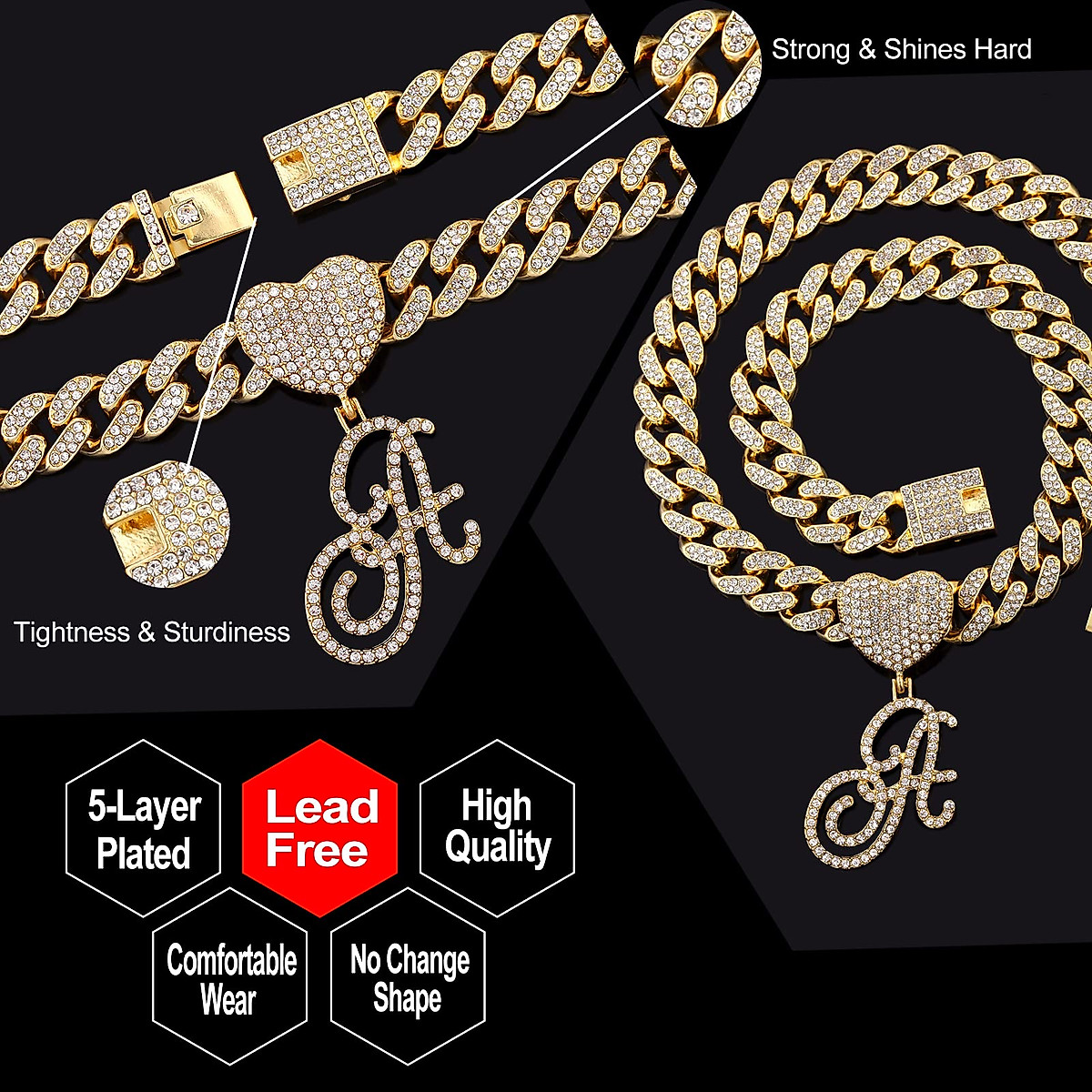 PTJDSMF Gold Initial Cuban Link Chain for Women Miami Iced Out Chain for women Bling Diamond Chain Necklace Hip Hop Jewelry (M)