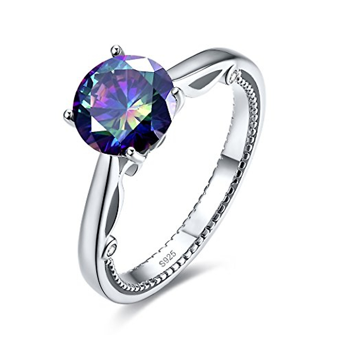 925 Sterling Silver Brilliant Classic Created Cubic Ziconia Rainbow Topaz CZ Ring Wedding Engagement Anniversary Statement Eternity Ring