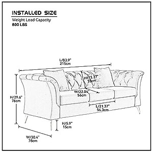 RUNWON 3 Seater 84.6'' Modern Chesterfield Curved Sectional Sofa Tufted Velvet 3 Seat Couch Button Tufed with Scroll Arms and Gold Metal Legs for Small Space Apartment Living Room, Grey