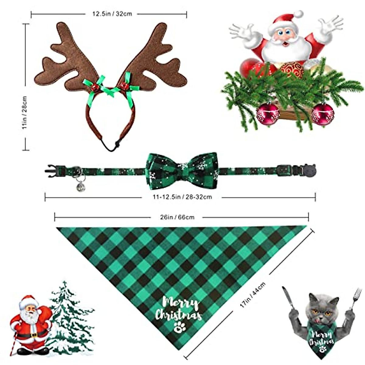 Idepet 3 PCS Christmas Dog Bandanna Bow Tie Collar with Reindeer Headband Costume Xmas Pet Plaid Triangle Bibs Scarf Kitten Adjustable Bow Tie for Cats and Dogs Puppy Christmas Decoration (Green)