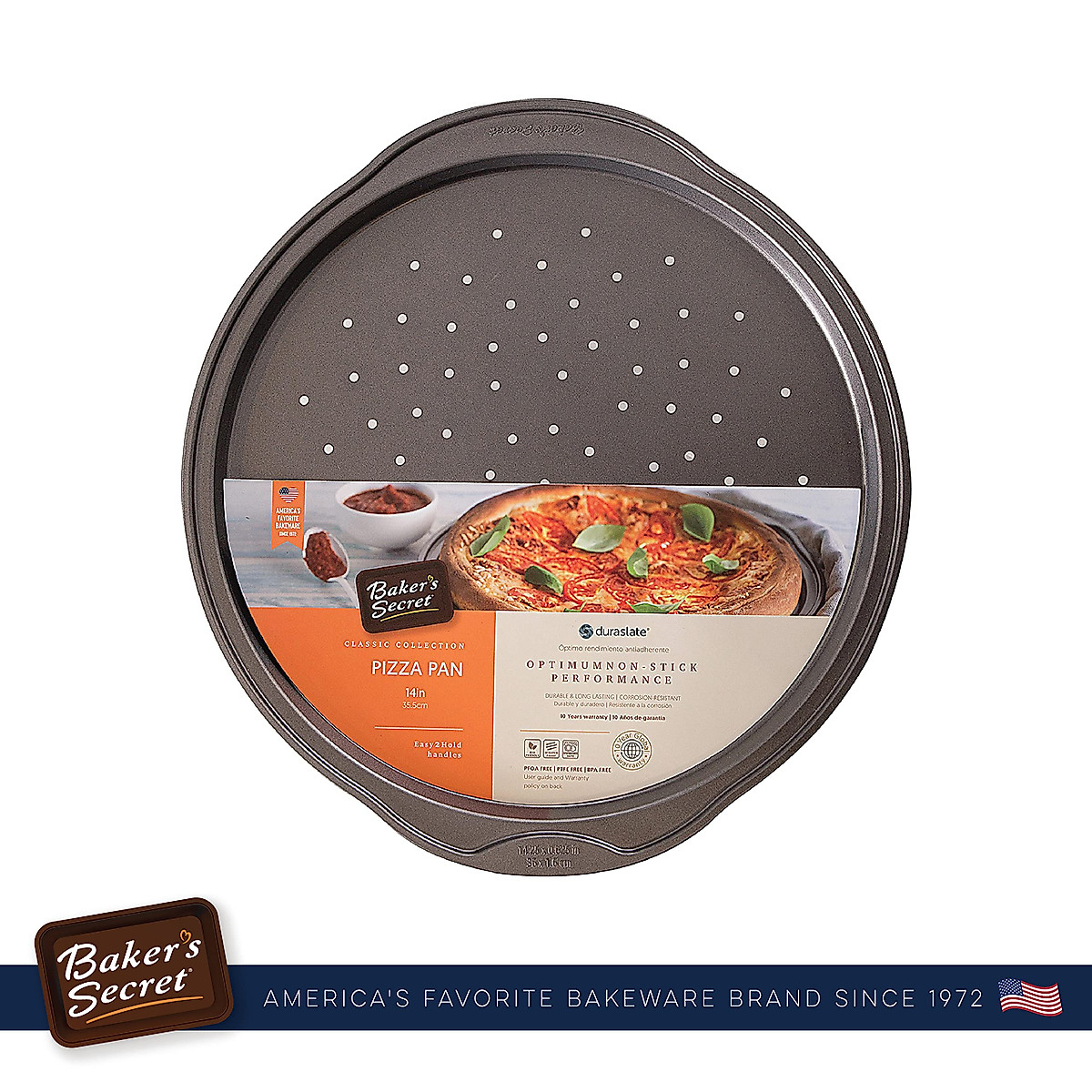 Baker's Secret Non stick Pizza Pan for Oven 14", Carbon Steel Pizza Baking Pan, Non-stick Bakeware Food-Grade Coating For Easy Release Dishwasher Safe Oven Baking Supplies - Classic Collection
