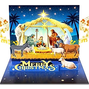 FITMITE Christmas Cards, MUSIC & LIGHTS Pop-up 3D Merry Christmas Card, Nativity of Jesus Christmas Card, Christmas Gifts for Women Men Kids Mom Dad, Christmas Greeting Card with Envelopes