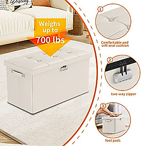 Tamfile 30 inches Folding Storage Ottoman with Lock,Fireproof Bedroom Bench with Storage,Beige Footrest with Foam Padded Seat,Ottoman Foot Rest for Bed Room,Storage Chest, Foot Rest Stool