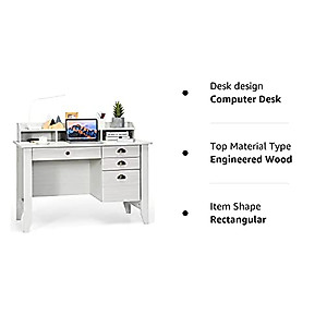 Tangkula White Desk with 4 Storage Drawers & Hutch, Home Office Computer Desk Vintage Desk with Storage Shelves, Wooden Executive Desk Writing Study Desk (White)