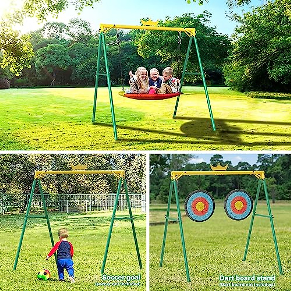 Yohood Swing Sets for Backyard, 440lbs Outdoor Swing Set for Kids, Heavy-Duty Metal Swing Frame and Flying Saucer Swing for Playground,Park,Backyard (Green)