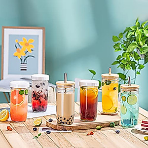 Facilfeliz 6 Pack Bubble Tea Cup, 24oz Iced Coffee Cups, Mason Jar with Bamboo Lids & Straws & 6 Airtight Lids, Reusable Wide Mouth Smoothie Boba Cup, Clean Brush, Glass Cups, Travel Drinking Bottle