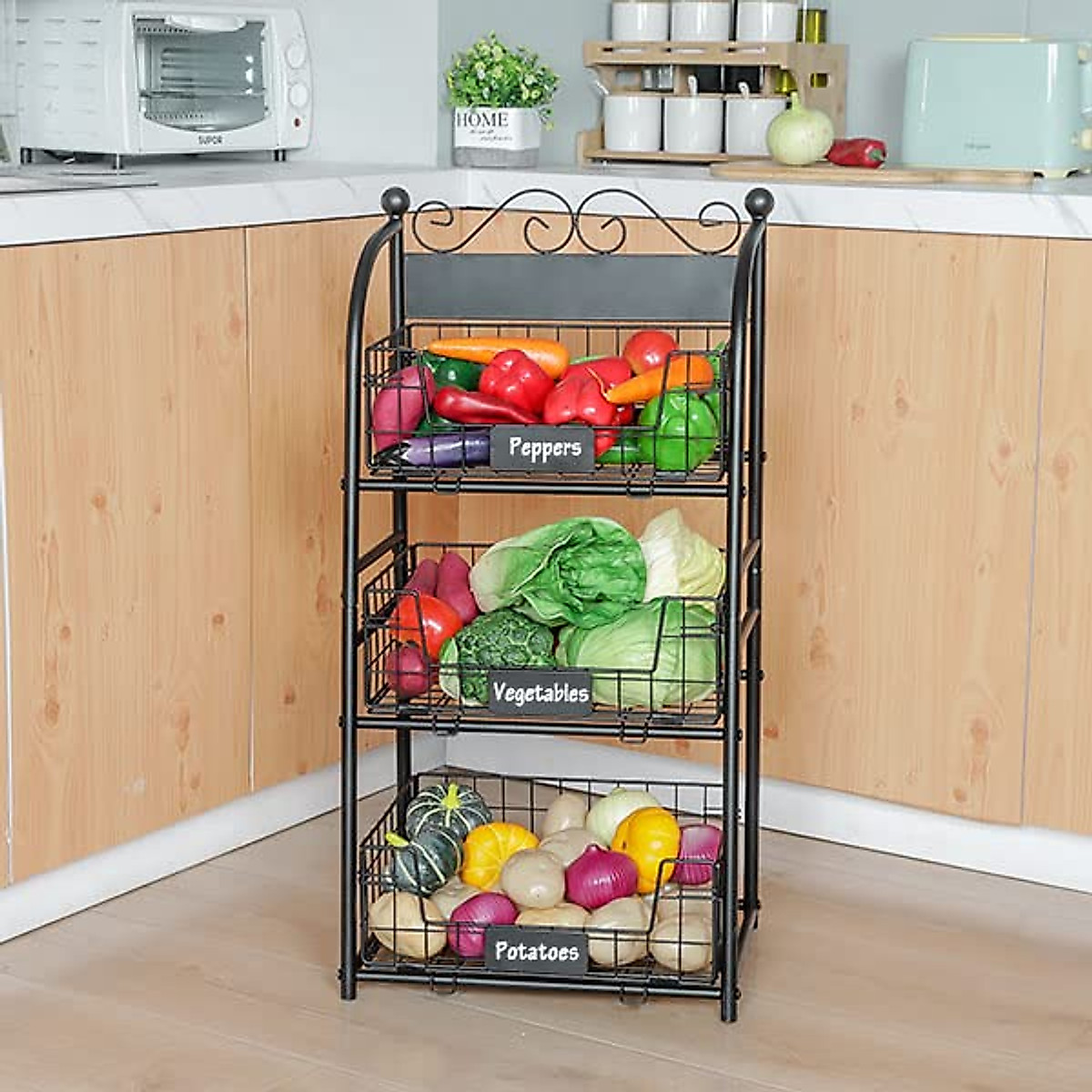 3 Tier Vegetables Storage Basket Stand with Nameplate, Removable Wire Fruit Basket, Kitchen Freestanding Metal Fruit Storage Cart with Anti-scratch Adjustable Feet, for Fruit Vegetable Onion Potato