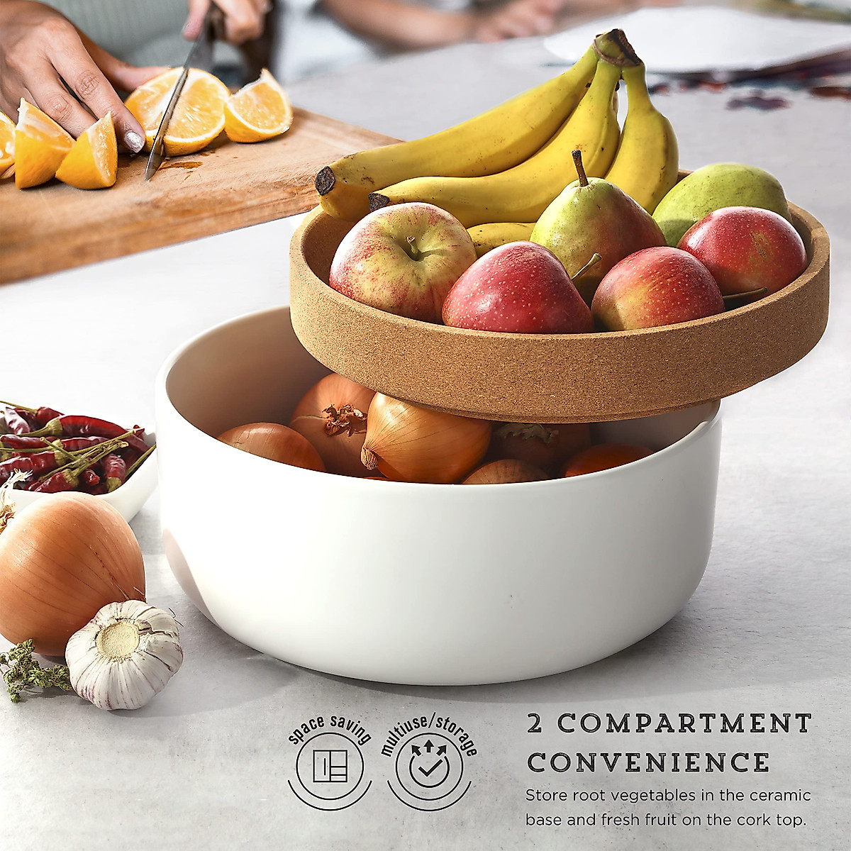 Kamenstein 2 Compartment Large Bowl Extends Produce Freshness, 11 x 11 x 6 Inch, Natural Cork and White Ceramic