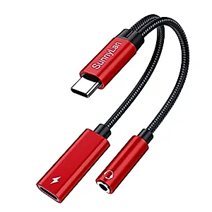 USB C to 3.5mm Headphone and Charger Adapter, 2-in-1 USB C to AUX Mic Jack with USB C PD 60W Fast Charging for Stereo, Earphones, Compatible with Galaxy S22/S21, Pixel 2/3/4 XL(Red)