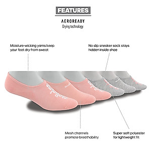 adidas Women's Superlite Linear Super No Show Socks (6-Pair), Glory Pink/White/Clear Onix Cool Light Heather Grey/Glory Pink/White, Medium