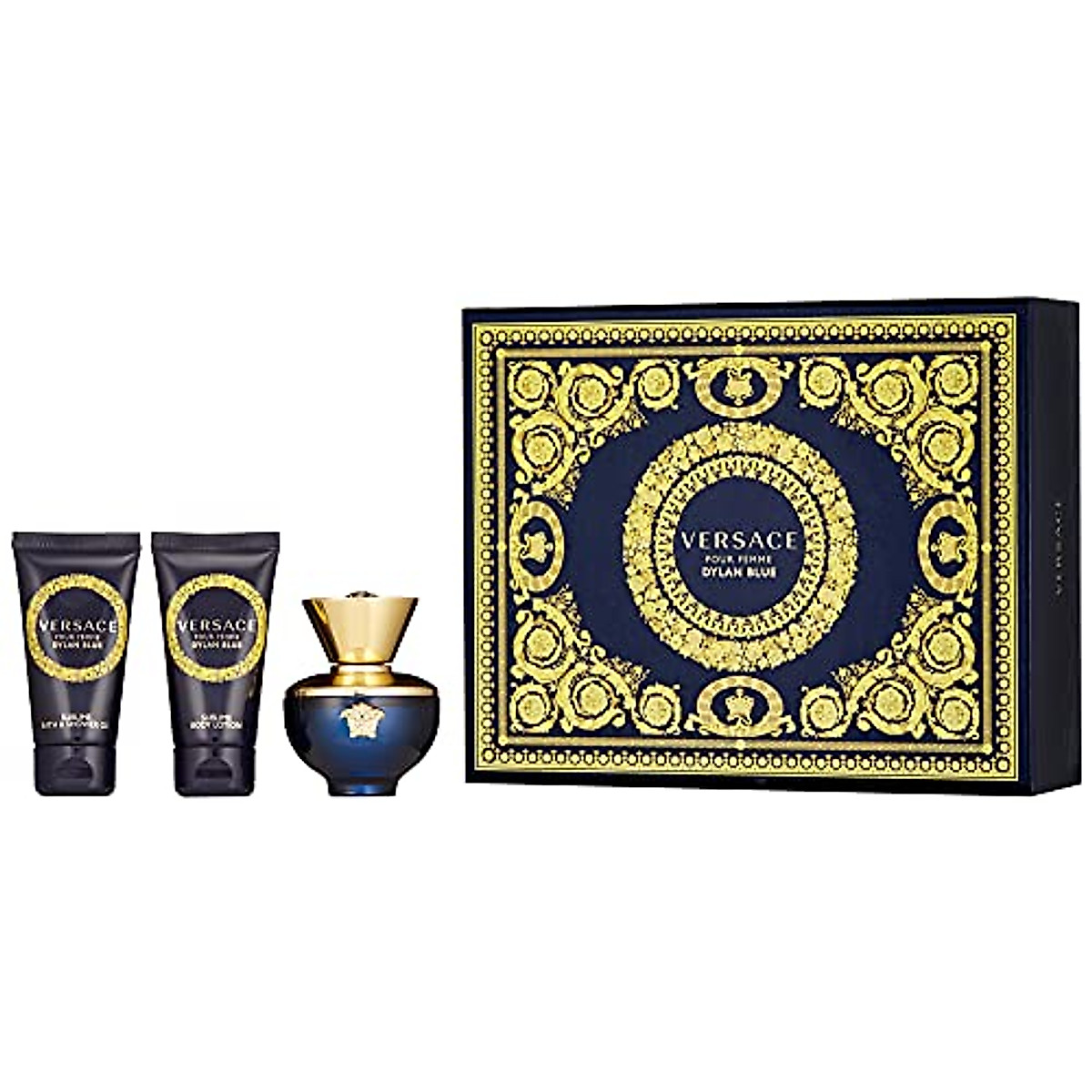 Versace 8011003843770 Dylan Blue By for Women - 3 Pc Gift Set 1.7oz Edp Spray, 1.7oz Shower Gel, 1.7oz Body Lotion, 3 count, Gold