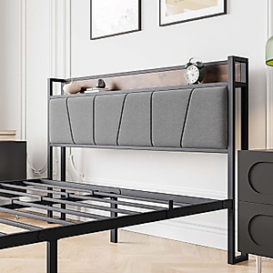 Shuoya Jewelry Queen Size Metal Platform Bed Frame with Storage and Charging Station Headboard, Heavy Duty Steel Slated Support, No Box Spring Needed, Noise-Free, Easy Assembly, Rustic Brown (Queen)