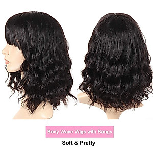 PANEWAY Short Human Hair Wigs with Bangs Brazilian Body Wave Virgin Human Hair Wigs for Black White Women Short Wavy Bob Wigs with Bangs 12 Inch
