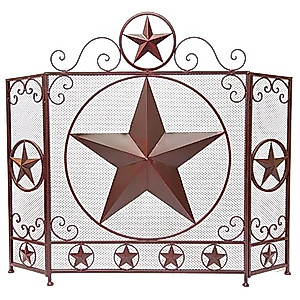 BestGiftEver 3-Panel Fireplace Screen Decorative with Rustic Brown Star Detail - Stand Alone Fireplace Cover Metal Mesh Screen - Home Decor for Cabin, Lodge, and Rustic Country Style Firescreen