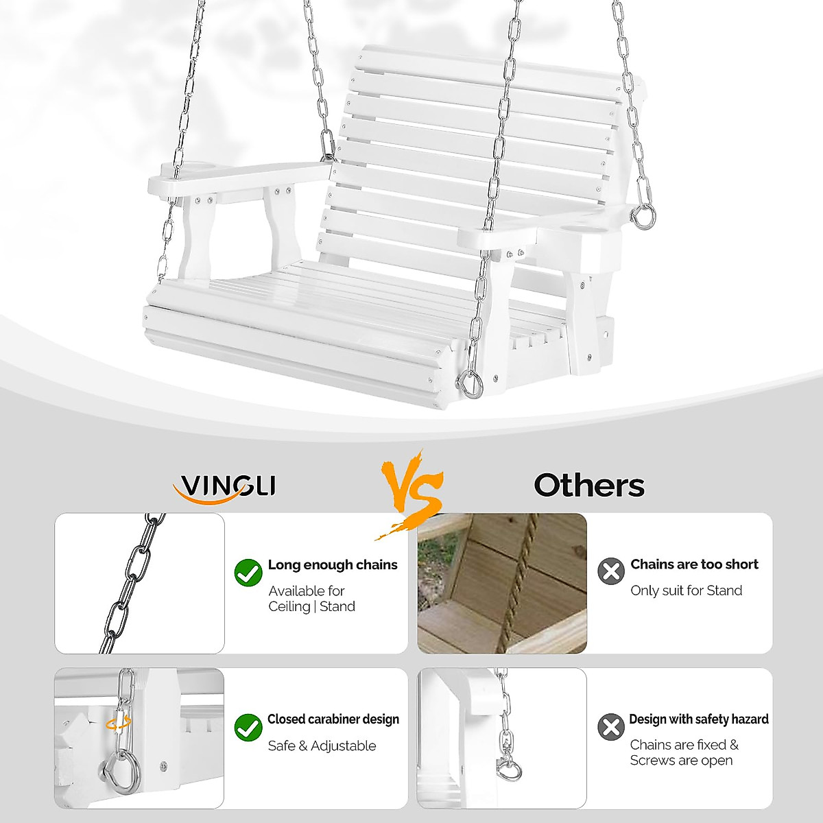 VINGLI Heavy Duty 440 LBS 1-Person Wooden Patio Porch Swing with Extra Cup Holder for Adults & Kids, Outdoor Single Porch Swing for Porch, Yard, Balcony, Tree (White)