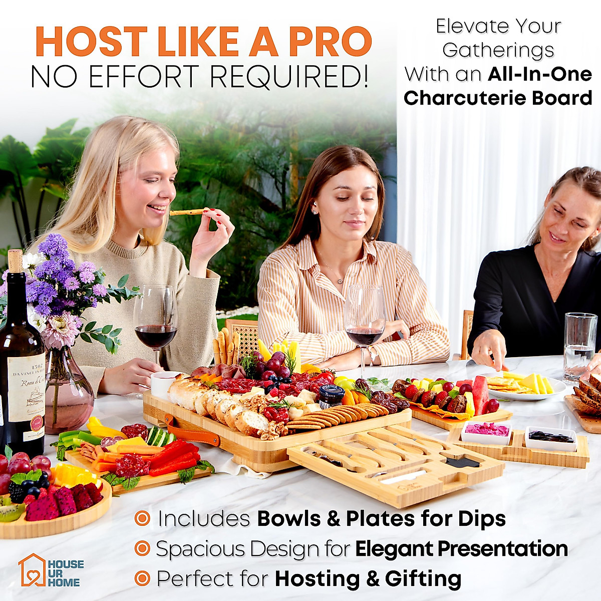 Cheese Board - 2 Ceramic Bowls 2 Serving Plates. Magnetic 4 Drawers Bamboo Charcuterie Cutlery Knife Set, Round Tray, 2 Forks, Wine Opener, Labels, Markers, Gift for Birthdays, Weddings, Housewarming