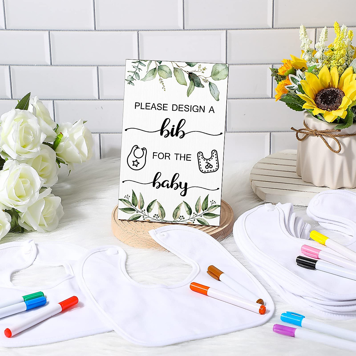 Qunclay 37 Pcs Baby Shower Games 1 Baby Shower Game Sign 25 DIY White Bibs for Boys Girls Guest Design Game with 10 Fabric Markers Baby Shower Keepsake for Guest New Parents(Leaf)