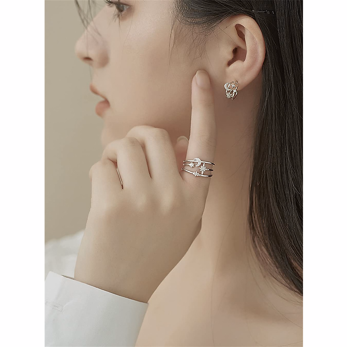 CZ Crescent Moon Star Multi Layered Small Open Rings for Women Girls Shiny Cubic Zirconia Stacking Statement Promise Finger Knuckle Pinky Rings for Wife Girlfriend Anniversary Bff Birthday Xmas