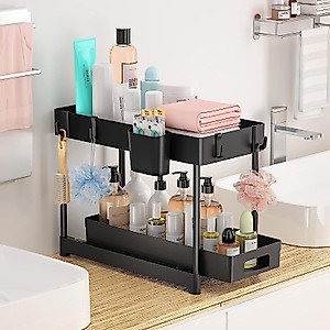 sulela Under Cabinet Basket Organizer and Storage with Sliding Drawer, 2 Tier Under Sink Storage Rack with 4 Hooks, Under Sink Organizers and Storage Black Under Sink Storage for Bathroom Kitchen