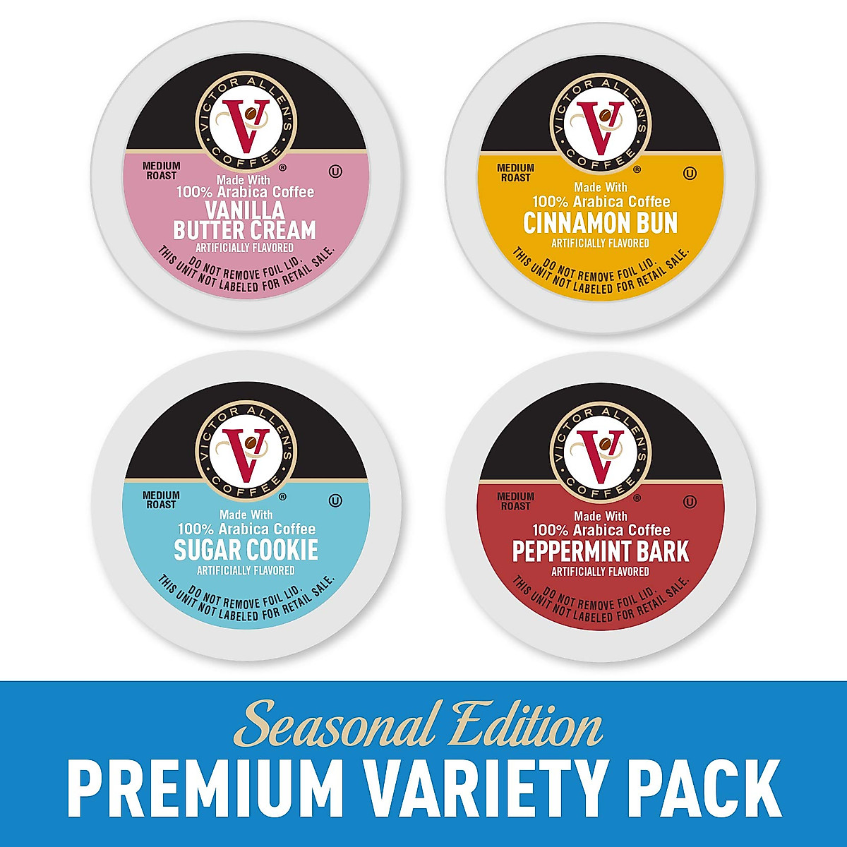 Victor Allen 96 Count Single Serve Cup Winter Wonderland Coffee Variety Pack of Peppermint Bark, Cinnamon Bun, Sugar Cookie, & Vanilla Butter Cream (Compatible with 2.0 Keurig Brewers)