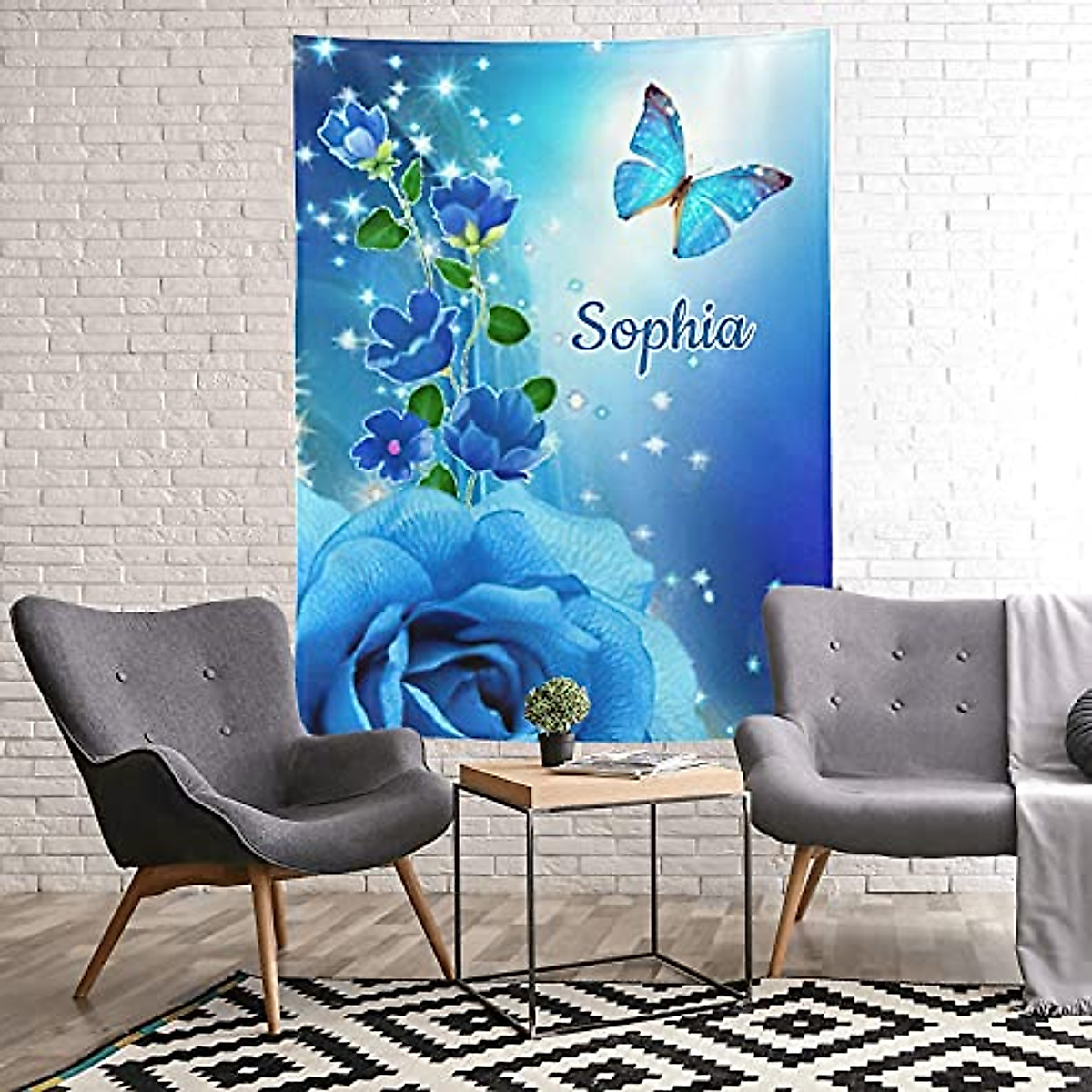 Blue Butterfly Blue Roses Personalized Name Soft Fleece Bed Blankets Throws as Birthday Wedding Gifts for Sofa Couch 50'' x 60''