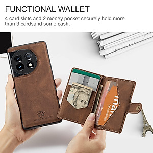 Hongxinyu Case for OnePlus 11 5G,Detachable Magnetic Basic Case Wallet Card Cash Slot Case Cover Functional Kickstand Compatible with OnePlus 11 5G 2023 (Brown)