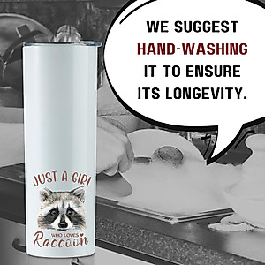 Onebttl Raccoon Gifts for Women, Insulated 20 oz Stainless Steel Skinny Tumbler with Straw, Brush, Lid, and Gifts Box, Just A Girl Who Loves Raccoon