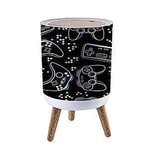 IBPNKFAZ89 Small Bathroom Bedroom Trash Can with Lid joysticks Gaming Cool Cute Kawaii Garbage Wood Waste Bin Press Cover Round Wastebasket for Kids Boys Kitchen Nursery 7L/1.8 Gallon, 8.66x14.3inch