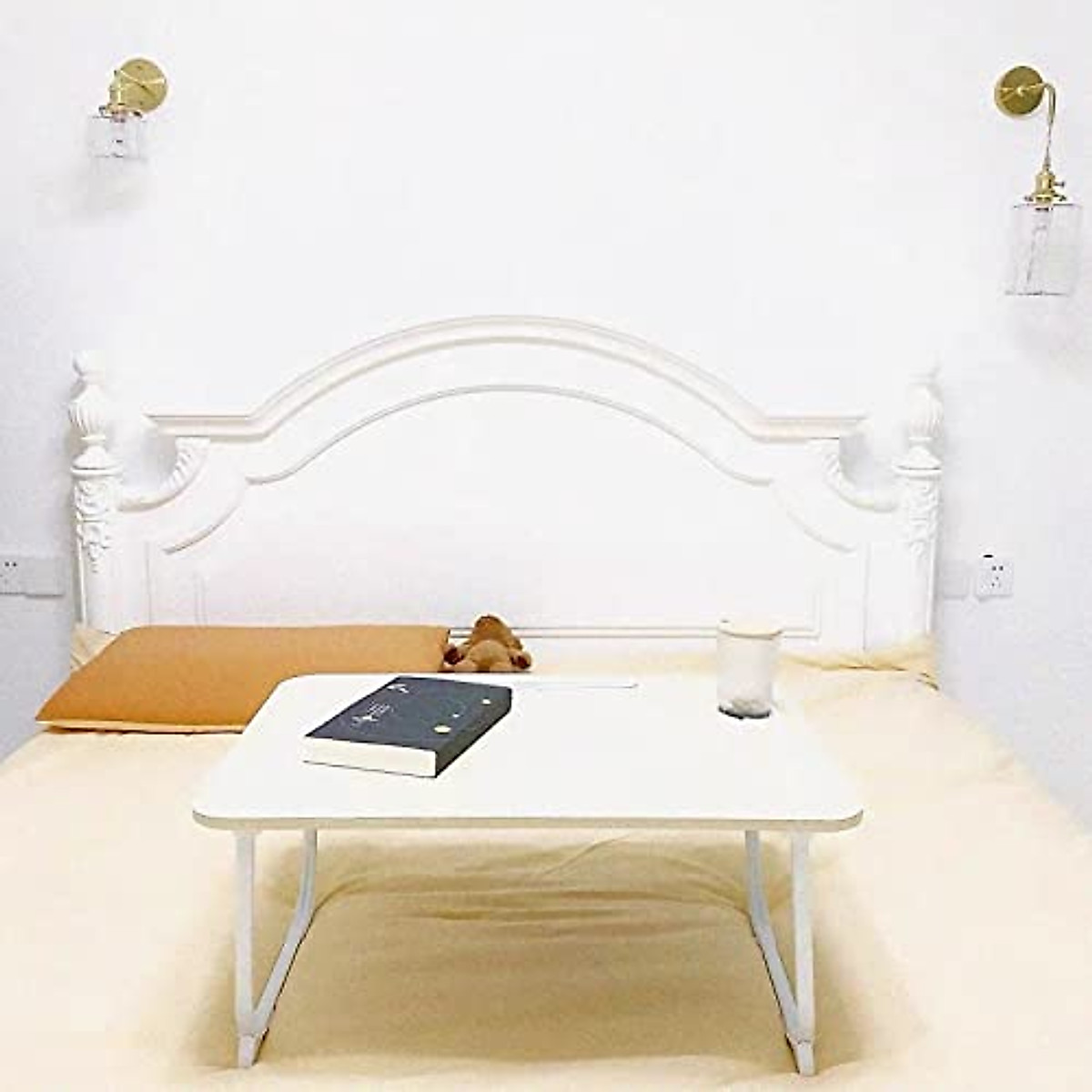 Desk Bed Table Folding Lap Table for Bed Desk with Cup Holder Study Table for Bed Tables for Eating and Laptops Perfect for Home Office Bedroom,White