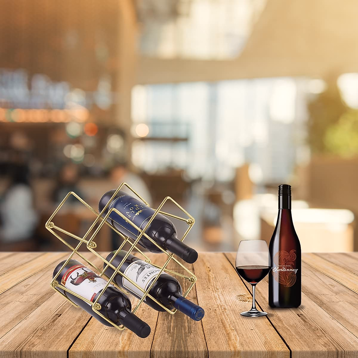 Buruis Countertop Wine Rack - 6 Bottle Wine Holder for Red White Wine Storage - Freestanding Metal Wine Rack - Small Tabletop Wine Rack - Modern Wine Bottle Holder (6 Bottle Gold)