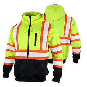 FONIRRA Hi Vis Safety Fleece Zip Hoodie for Men Reflective Sweatshirts ANSI Class 3 Jackets Detachable Hood (Yellow,L)