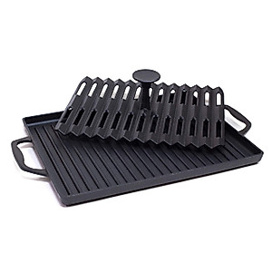 Grillville USA Cast Iron Grill Pan and Press, Indoor/Outdoor Grill Pan and Weighted Press Set, Porcelain Enamel Coating, Use on the Stovetop or Grill, Vented Design Keeps Food Crisp