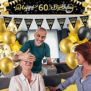 60th Birthday Decoration Happy Birthday Party Decoration Set Black and Gold Banner Balloons Backdrop for Men and Women