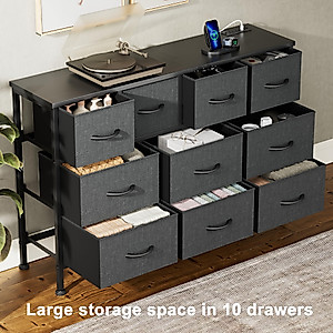 Lulive Grey Dresser for Bedroom 10 Drawer, Bedroom TV Stand with Power Outlet, Entertainment Center Chest of Drawers, Long Fabric Dresser for Living Room Save Space (Grey)
