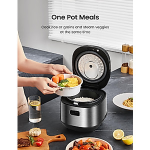 COMFEE' Compact Rice Cooker 8 Cups Cooked/4 Cups Uncooked, 9-in-1 Multi Cooker, Fast Rice Maker, Steam, Brown Rice, Grains, Fuzzy Logic Technology, Grey