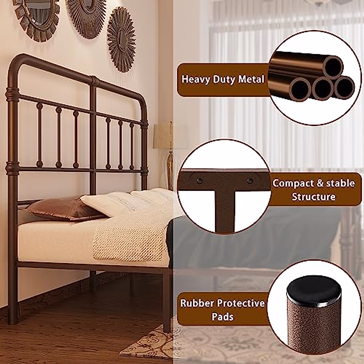 Geltanny King-Bed-Frame-Vintage-Farmhouse 49 inch Tall-headboard-Iron - Platform Mattress Foundation,No Box Spring Needed (Dark Bronze)