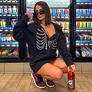 Fernvia Women Zip Up Hoodie Rhinestone Skeleton Goth Clothes Vintage Oversized Sweatshirt Print Jacket Streetwear Coat