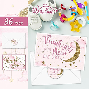 Whaline 36 Pack Pink Baby Shower Thank You Cards with Envelopes Matching Seal Stickers Glitter Starry Twinkle Moon Blank Note Cards for Birthday Supplies