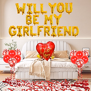 Will You Be My Girlfriend Balloons - 16'' Alphabet Letters Foil Mylar Balloon, 18" Heart Shaped Balloon with 500 Pcs Artificial Rose and 100 Pcs White Petals for Valentine Anniversary Decorations