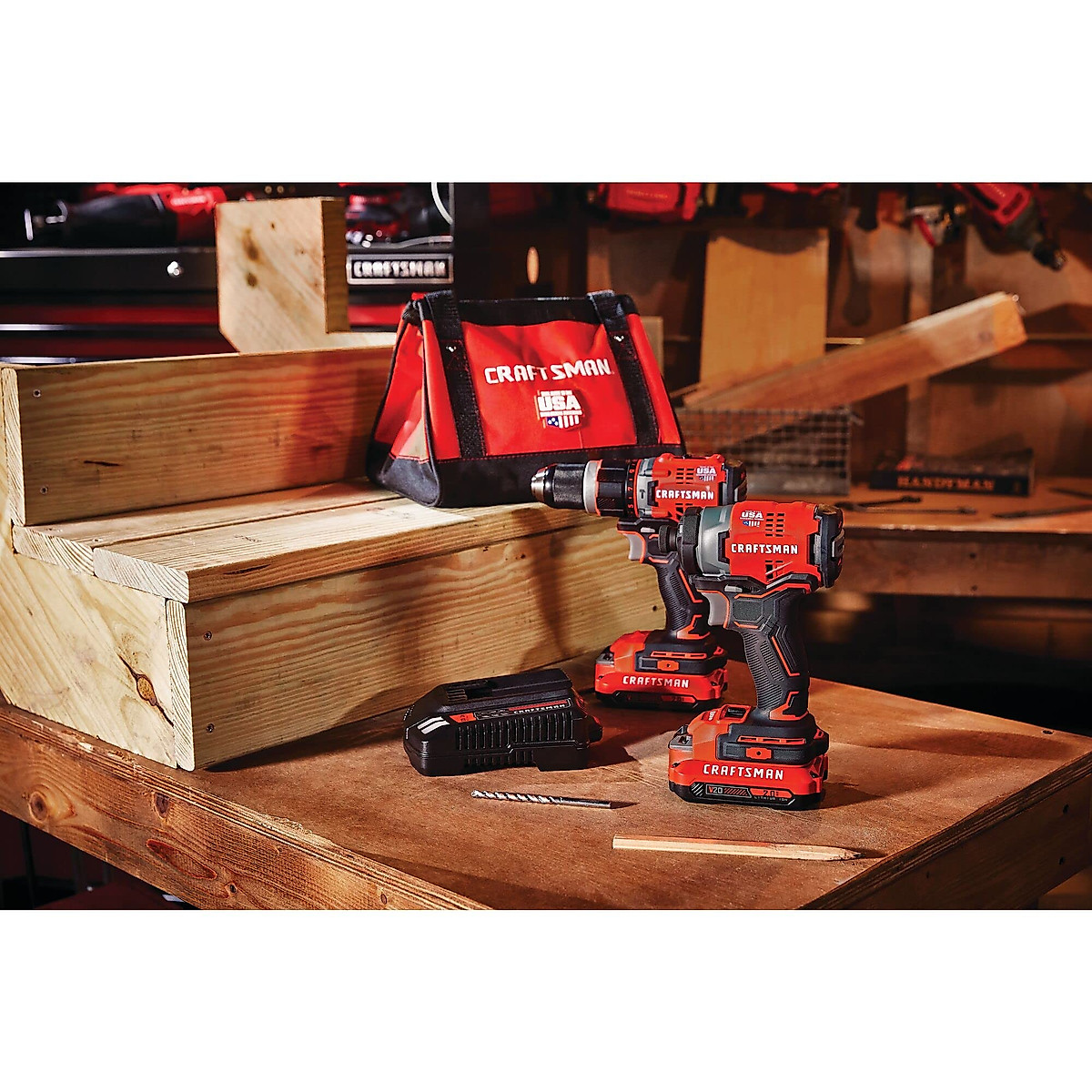 CRAFTSMAN V20 Cordless Hammer Drill and Impact Driver, Power Tool Combo Kit, 2 Batteries and Charger Included (CMCK220D2)