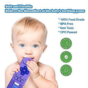 ROBBEAR Baby Teething Toys, Soft Silicone Teethers for Babies 3 6 12 18 Months, TV Remote Control Shape Infant Chew Toys for Boys and Girls, Baby Teething Relief, BPA Free (RC-Purple)