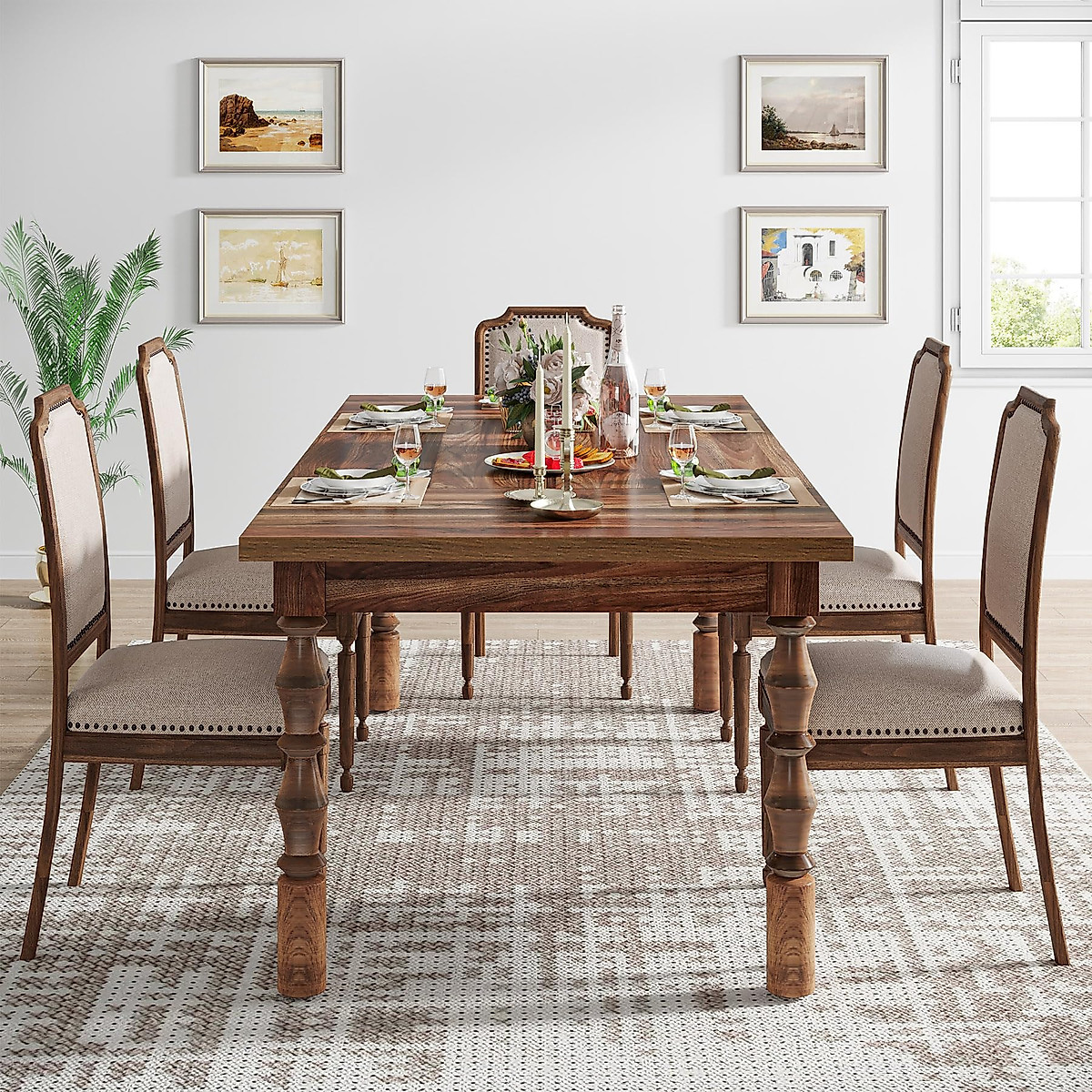 Tribesigns 62” Farmhouse Dining Table for 4-6 People, Large Rectangle Kitchen Table, Dinner Table Kitchen & Dining Room Furniture with Carved Turned Legs